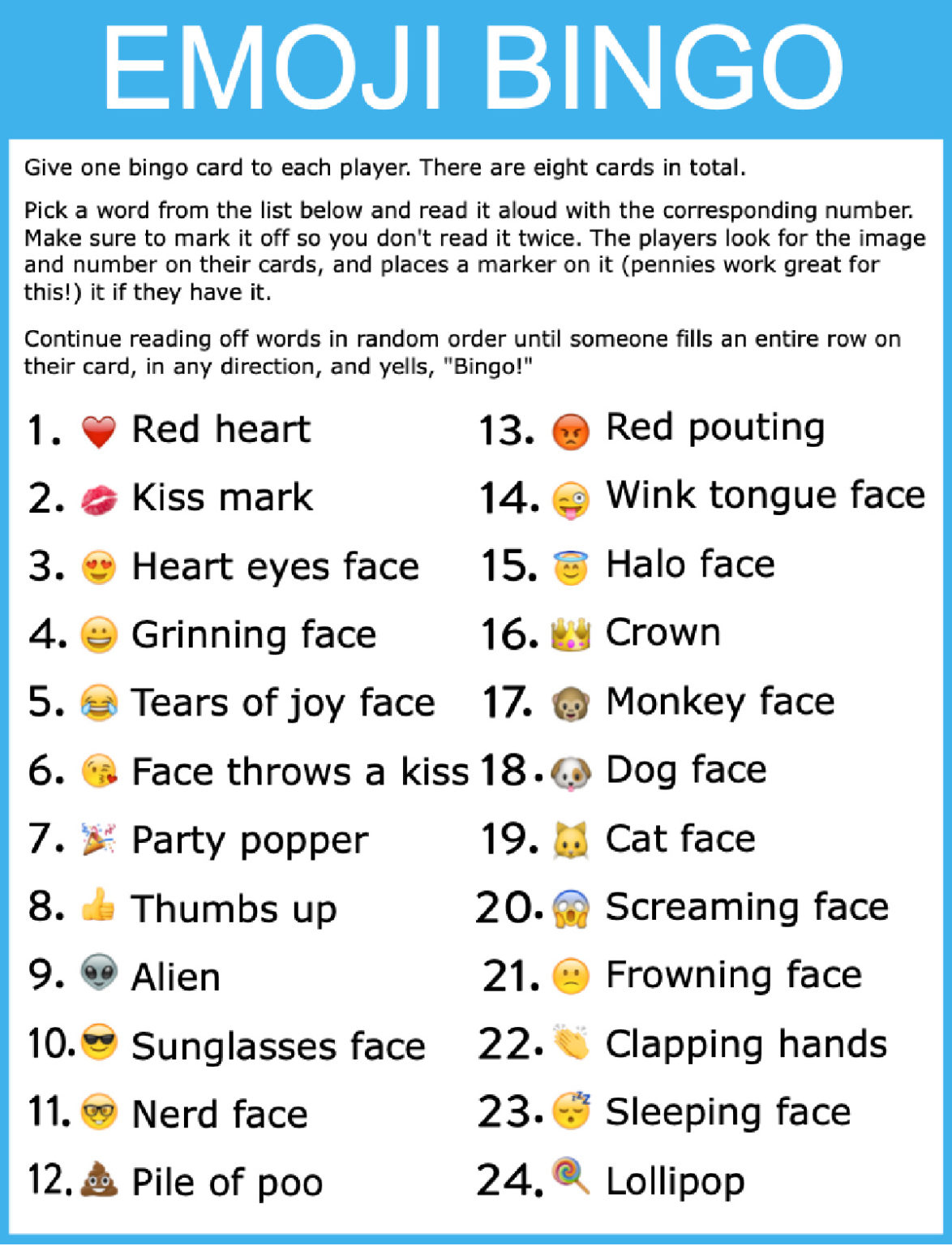 Free Printable Emoji Bingo Game for Kids, Teens & Parties (8 Unique ...