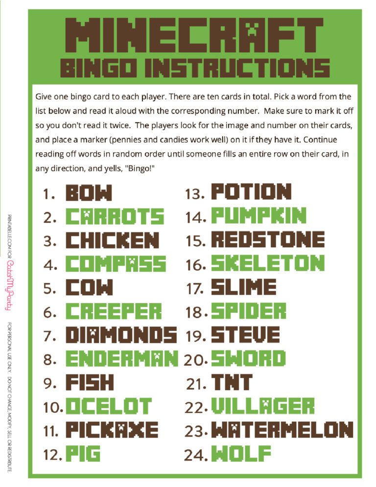FREE Fantastic Printable Minecraft Bingo Game! | Catch My Party