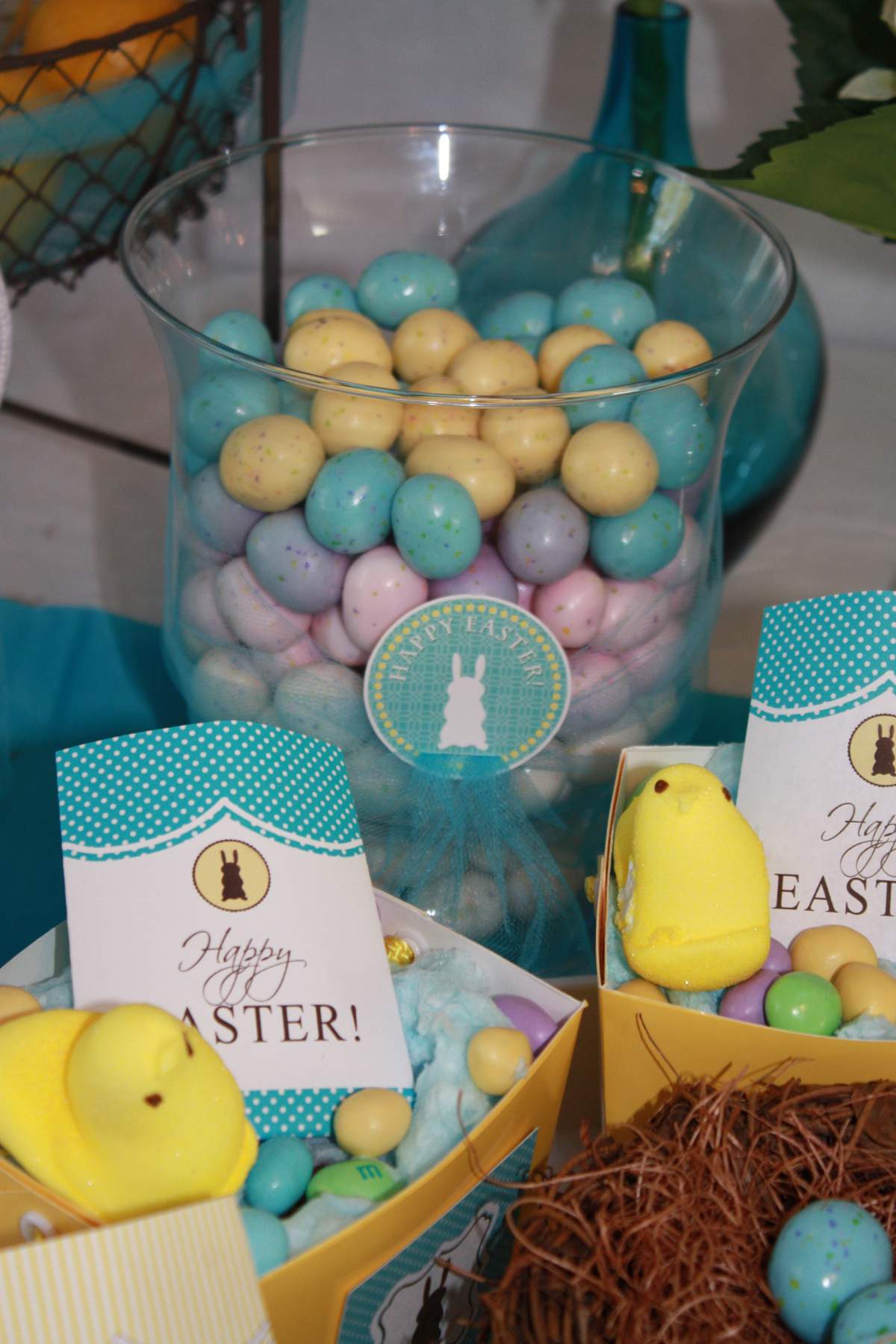 Chocolate Bunny, turquoise, yellow and white Easter Party Ideas | Photo ...