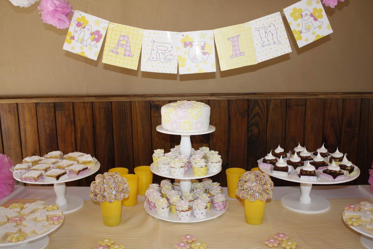 Pink and Yellow Flowers First Communion Party Ideas | Photo 10 of 18 ...