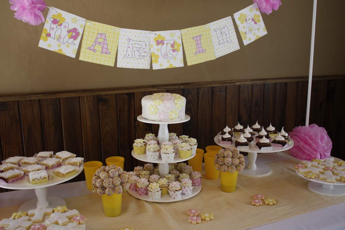 Pink and Yellow Flowers First Communion Party Ideas | Photo 10 of 18 ...