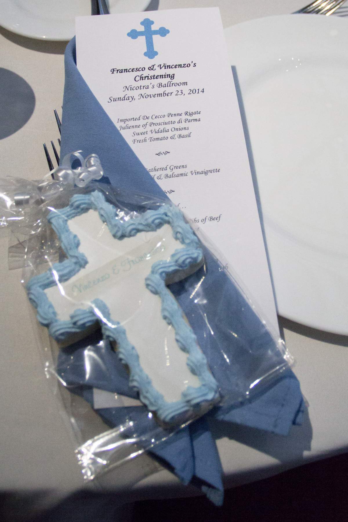 Twins Baptism , Damask Print with Ivory , Grey and Blue colors with a ...