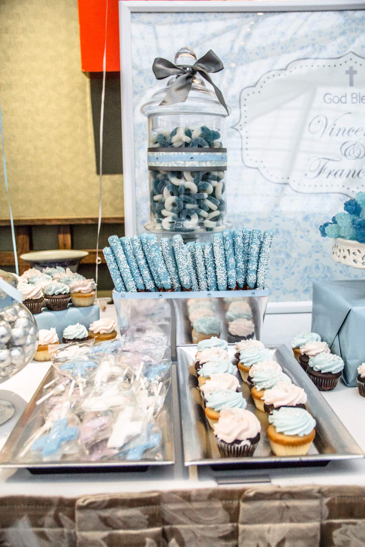 Twins Baptism , Damask Print with Ivory , Grey and Blue colors with a ...