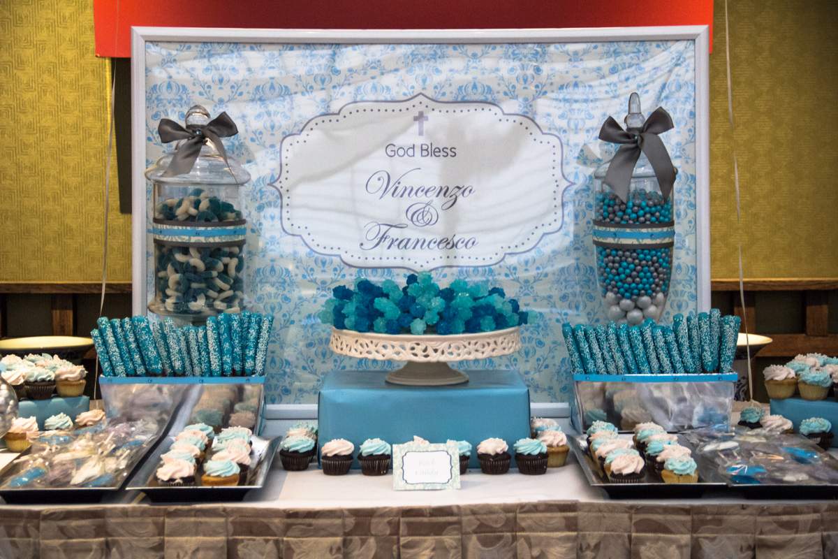 Twins Baptism , Damask Print with Ivory , Grey and Blue colors with a ...