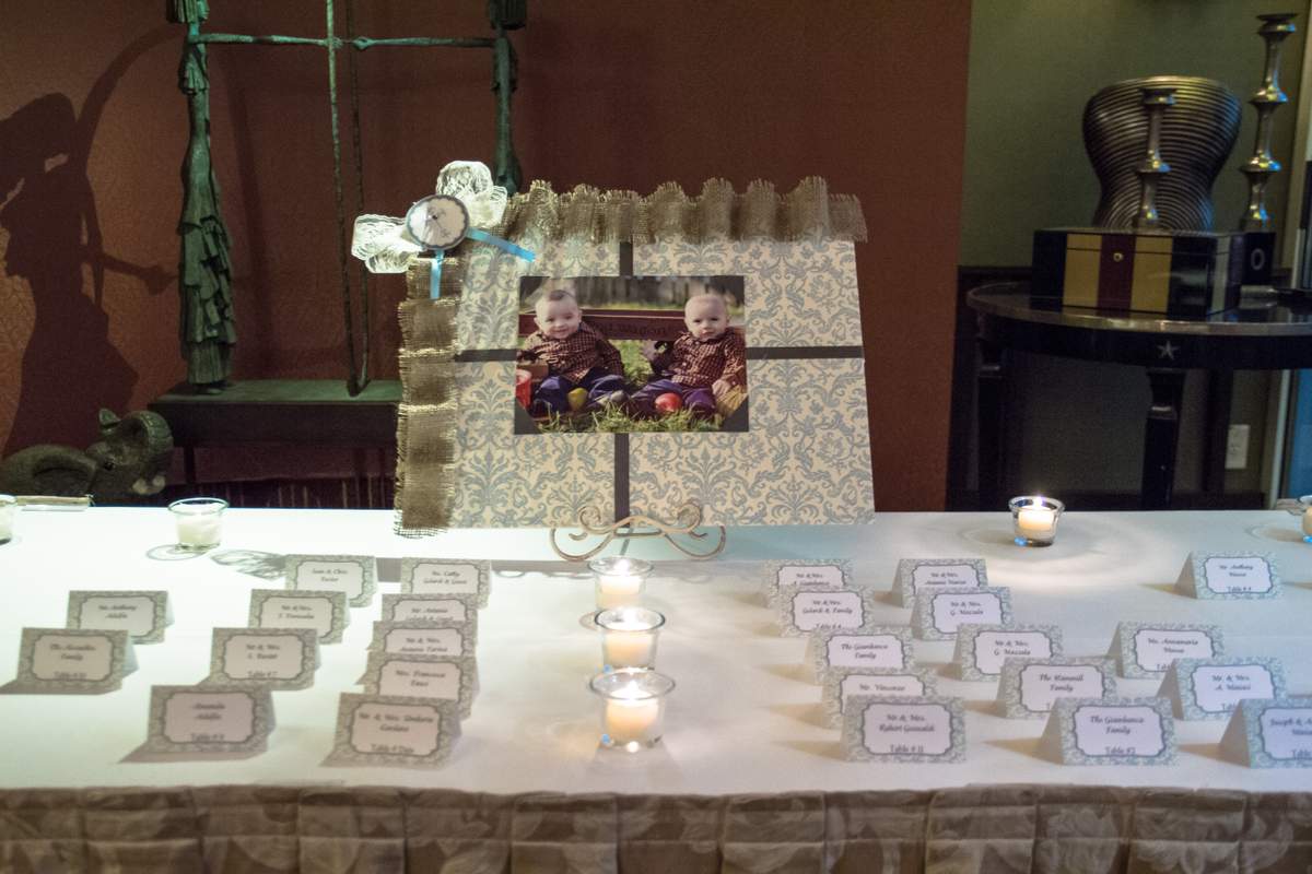 Twins Baptism , Damask Print with Ivory , Grey and Blue colors with a ...
