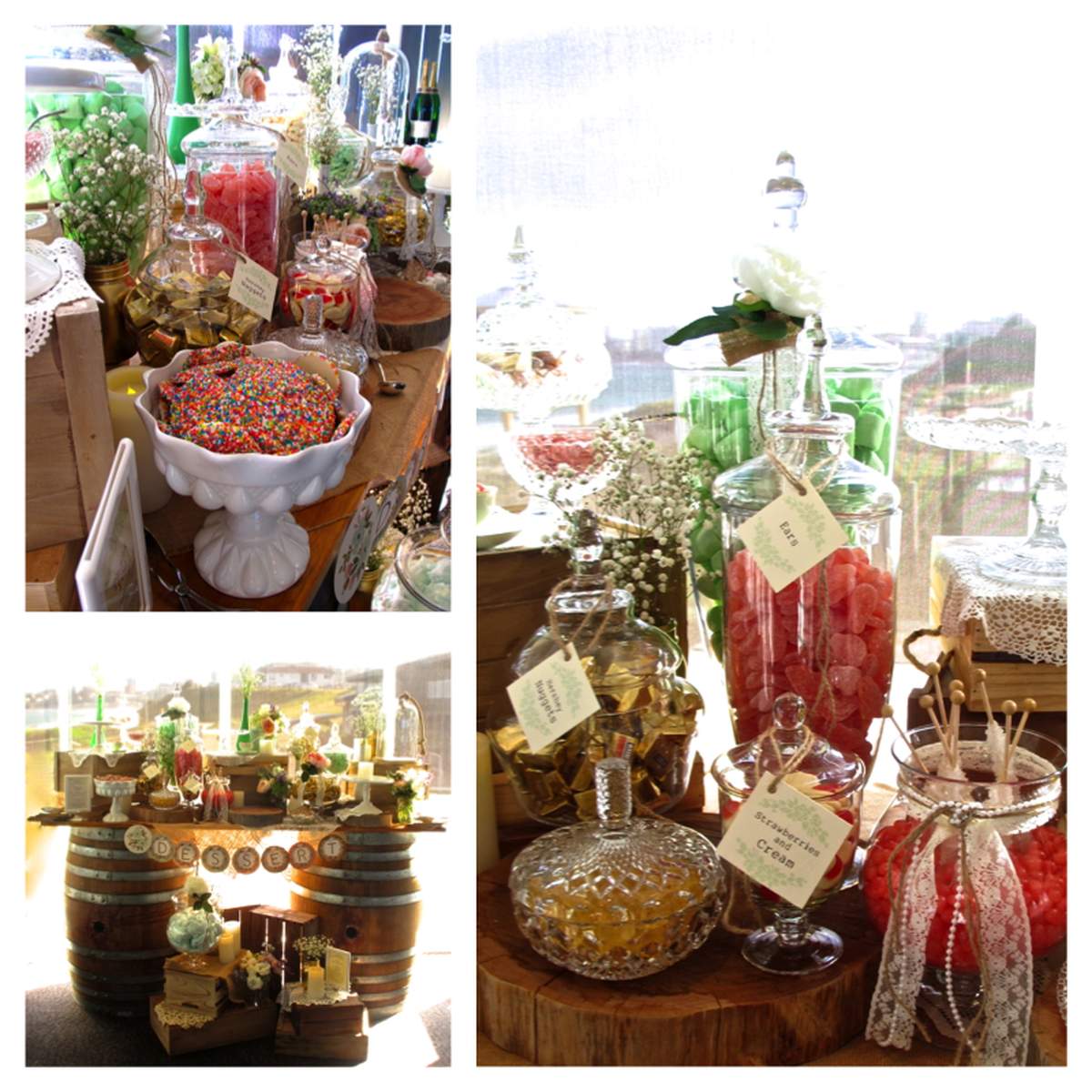 Vintage Rustic Pink, Green and Gold Wedding Candy and Dessert Bar ...
