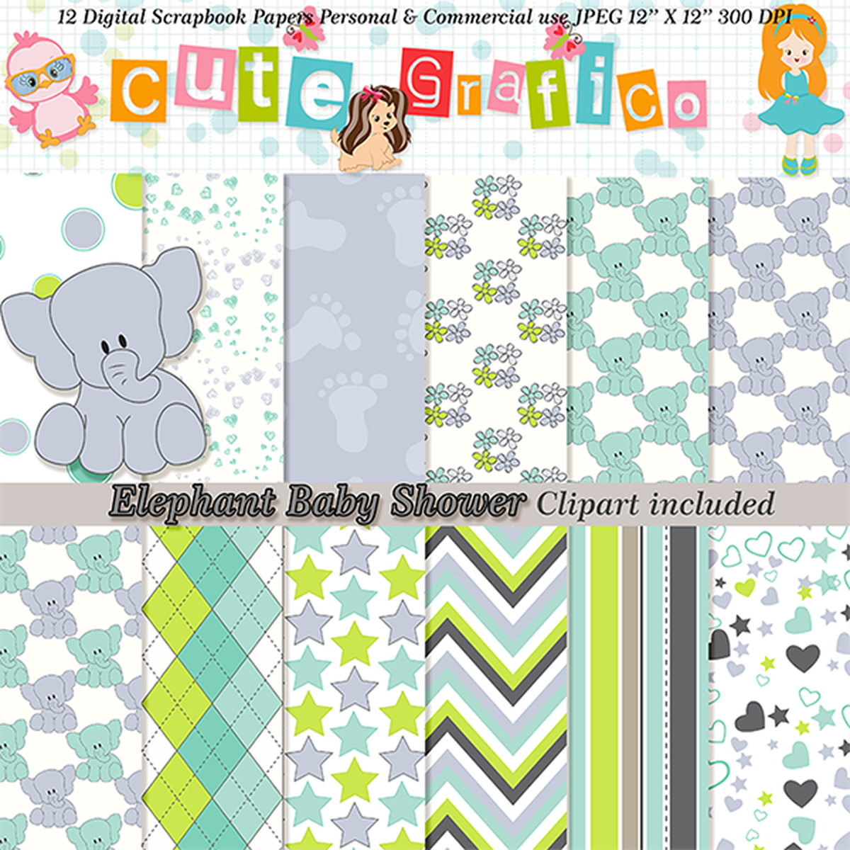 Elephant Digital Paper, Elephant Paper, Digital Scrapbooking, Printable ...