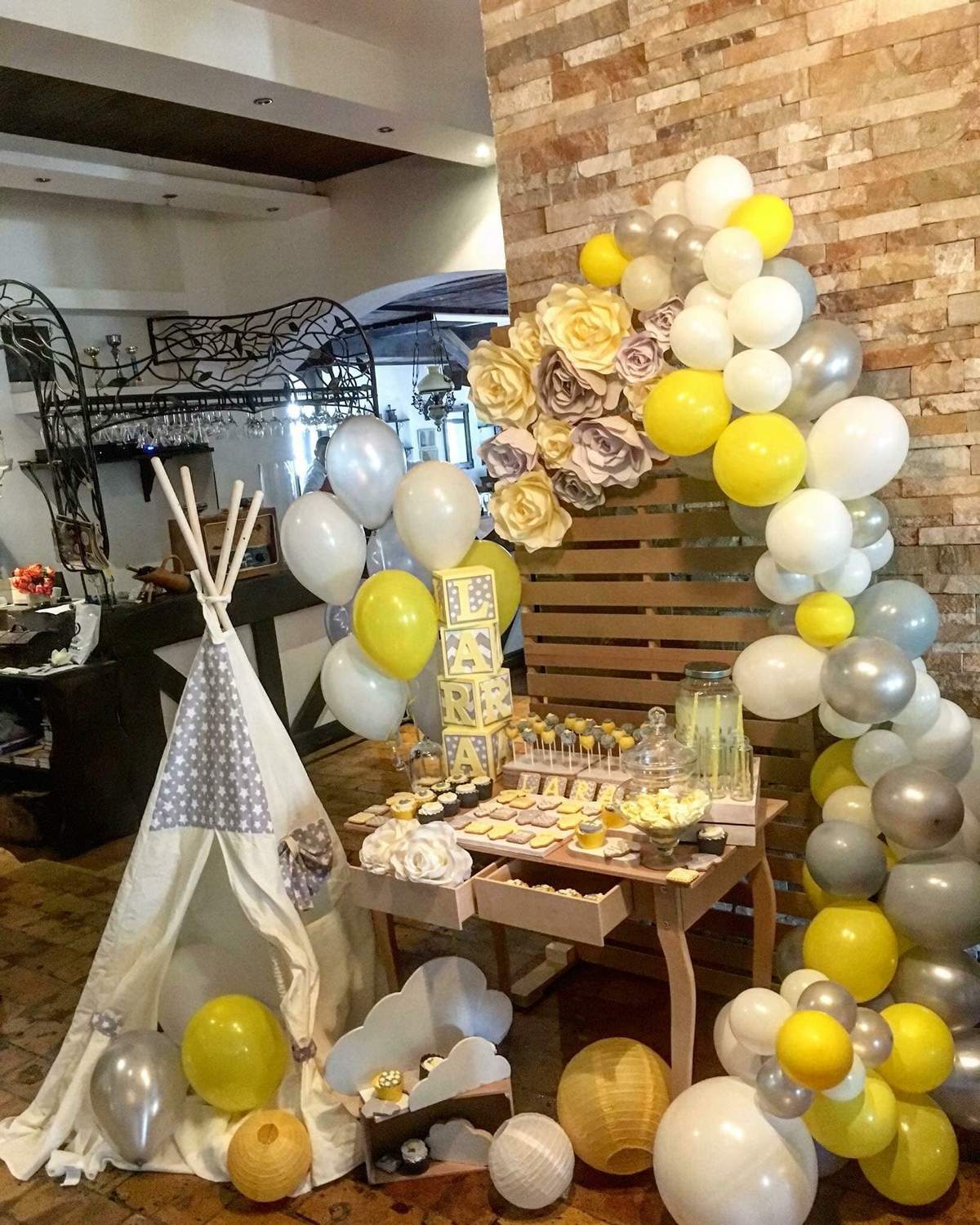yellow and gray party Baptism Party Ideas | Photo 5 of 16 | Catch My Party