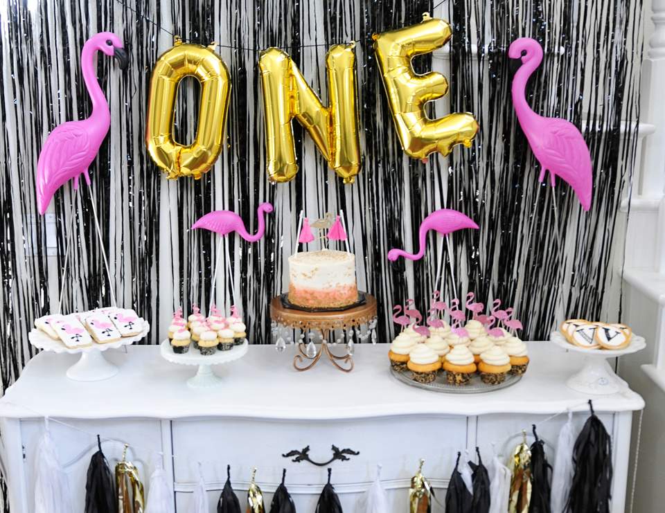 Flamingos, black and gold, polkadots and stripes, first birthday ...