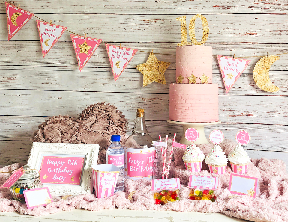 Pink and Gold Moon and Stars / Birthday "Lucy's Pink and Gold Sleepover ...
